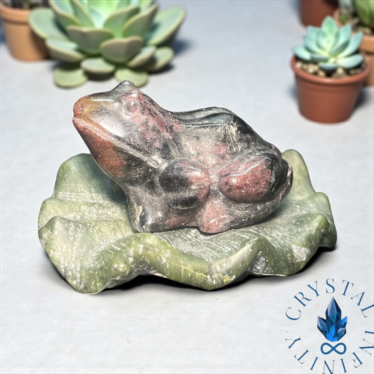 Arfvedsonite Frog on Jade Lilly Pad Carving – Crystal Infinity